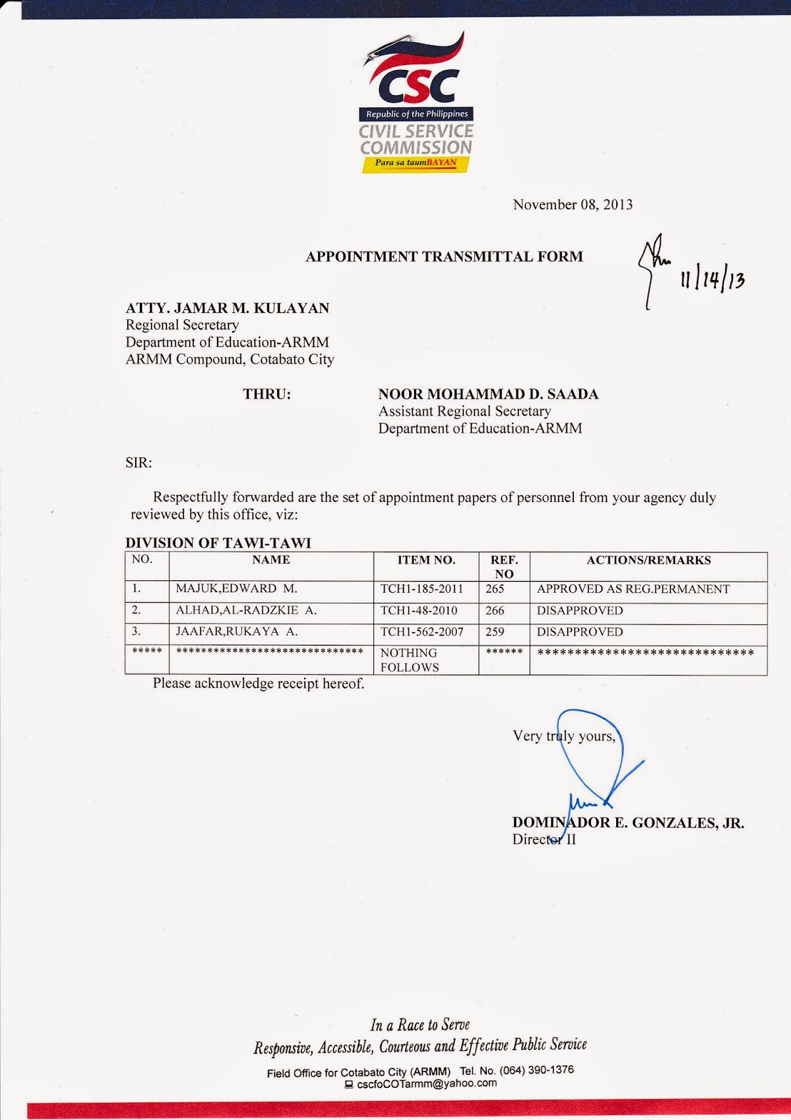 .: Tawi-Tawi attested appointment from CSC, November 6 and 14, 2013