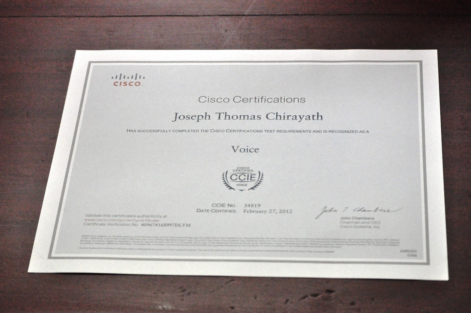 Joseph Chirayath: CISCO CERTIFIED INTERNETWORK EXPERT CCIE Voice # 34819