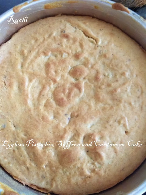 Ruchi: Eggless Pistachio, Saffron and Cardamom Cake