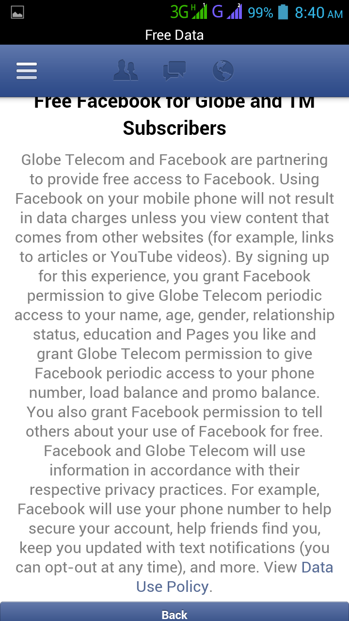 Globe & TM Free data charge on Facebook using FB app and Mobile Browser