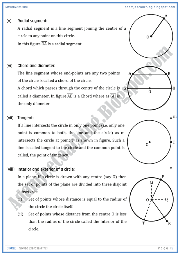 Adamjee Coaching: Circle - Exercise 13.1 - Mathematics 10th