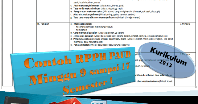 Contoh RPPH PAUD K-13 Semester 1 Minggu ke 9 sampai 17 Lengkap - Guru Bantu