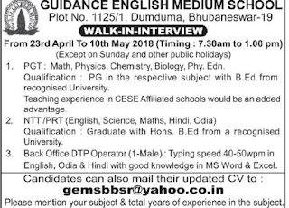 Guidance English Medium School, Bhubaneswar, Wanted PGT/NTT/PRT/DTP ...