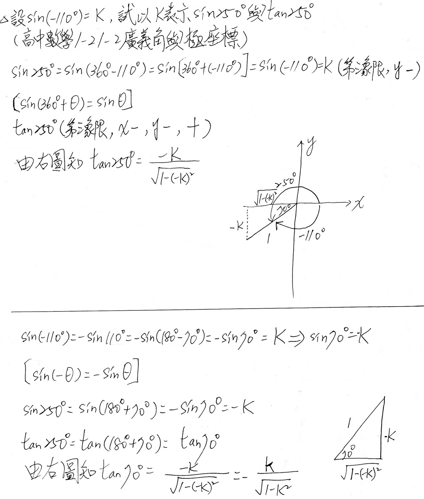 隨筆誌: 設sin(-110°)=K,試以k表示sin(250°)與tan(250°)?(高中數學1-2-1-2廣義角與極座標)
