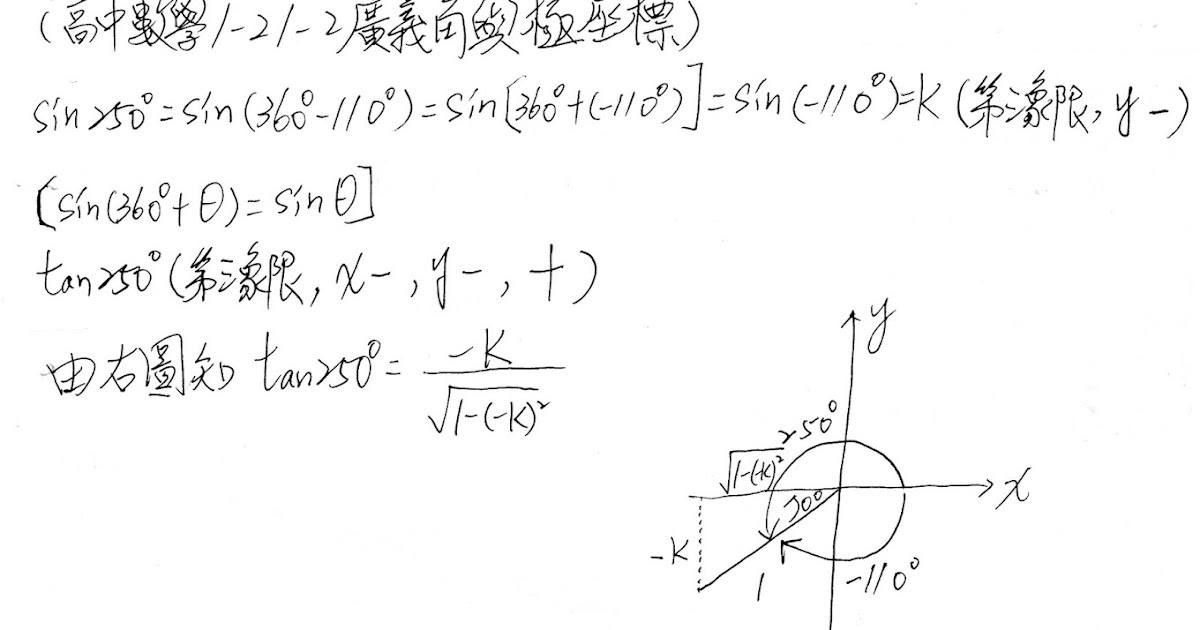 隨筆誌: 設sin(-110°)=K,試以k表示sin(250°)與tan(250°)?(高中數學1-2-1-2廣義角與極座標)