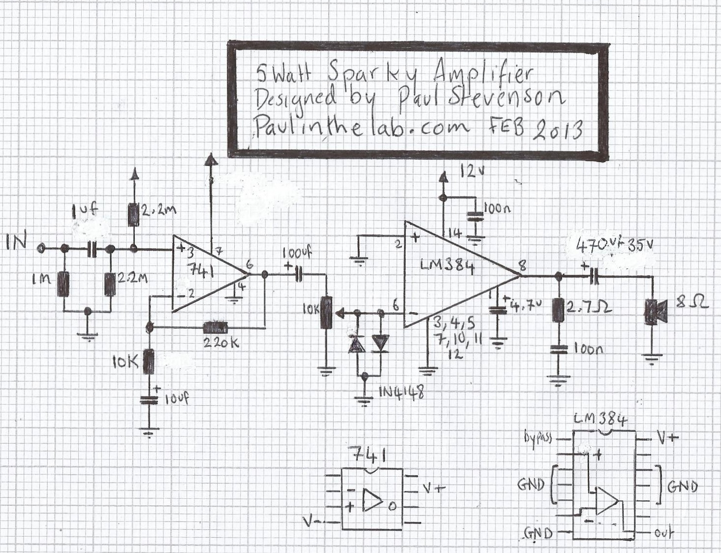 Paul In The Lab: Sparky 5 Watt Amplifier Stripboard Veroboard Layout