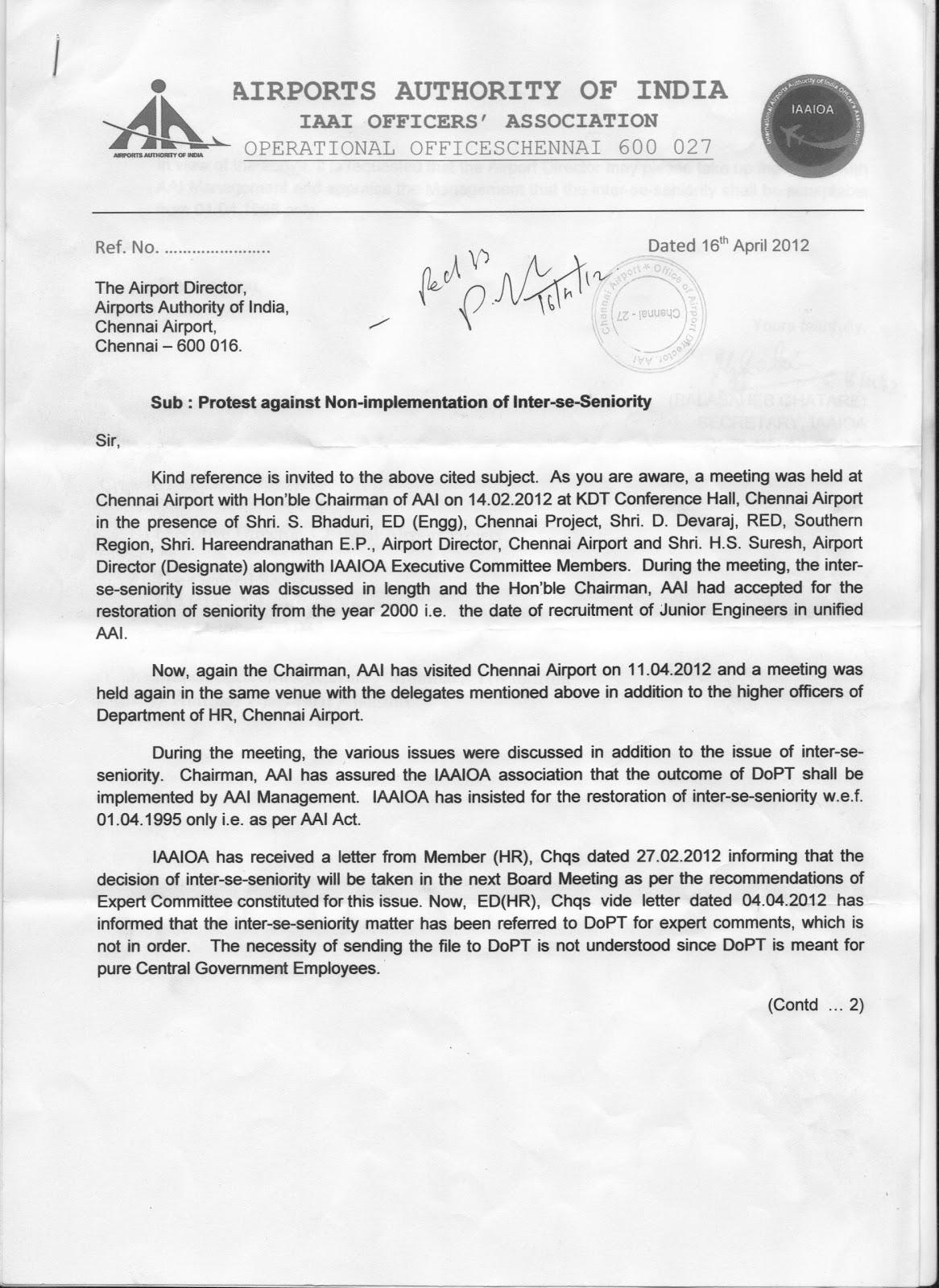 International Airports Authority of India Officers Association (IAAIOA ...