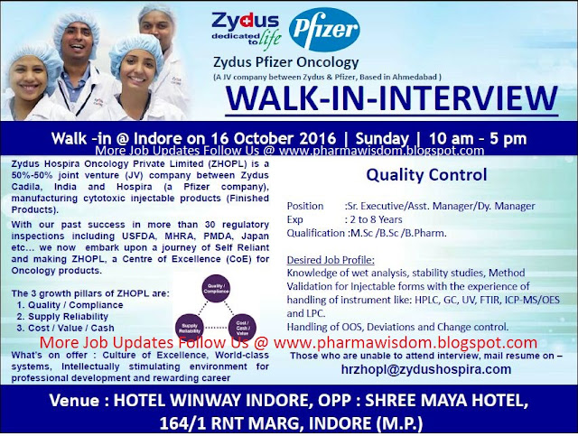 Zydus Pfizer (Hospira) - Walk-In Interview @ Indore on 16/10/2016 ...