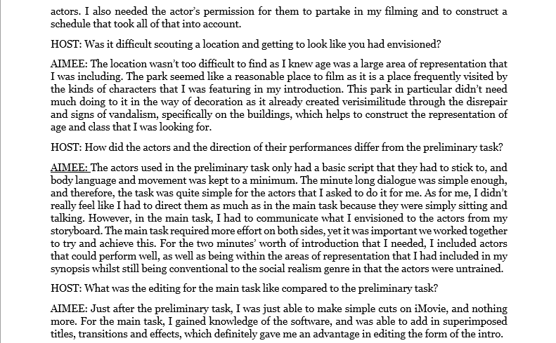 Aimee Lee AS Media: Radio Interview Script for Evaluation Question 7