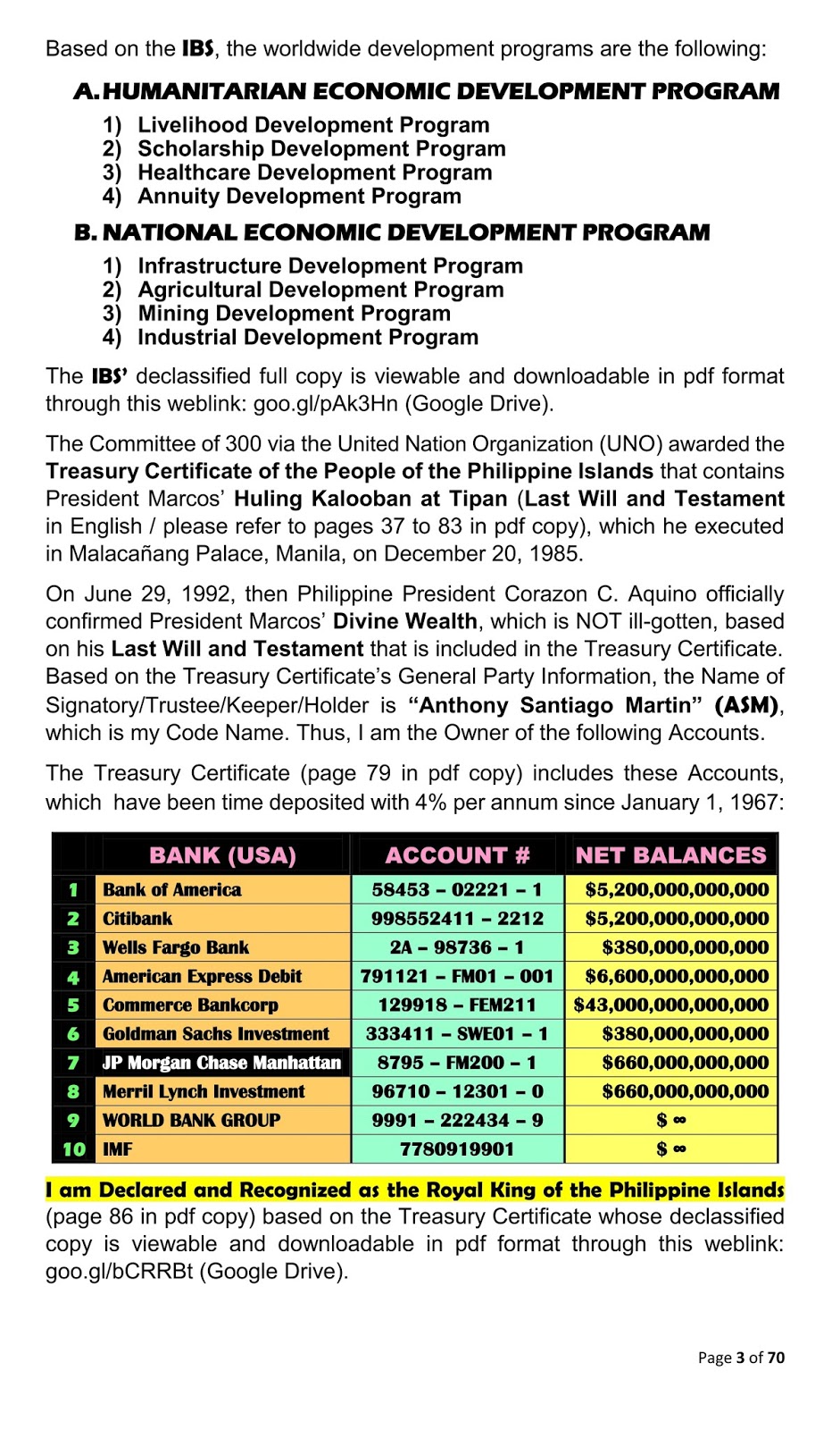 The Treasury Certificate (page 79 in pdf copy) includes these Accounts ...
