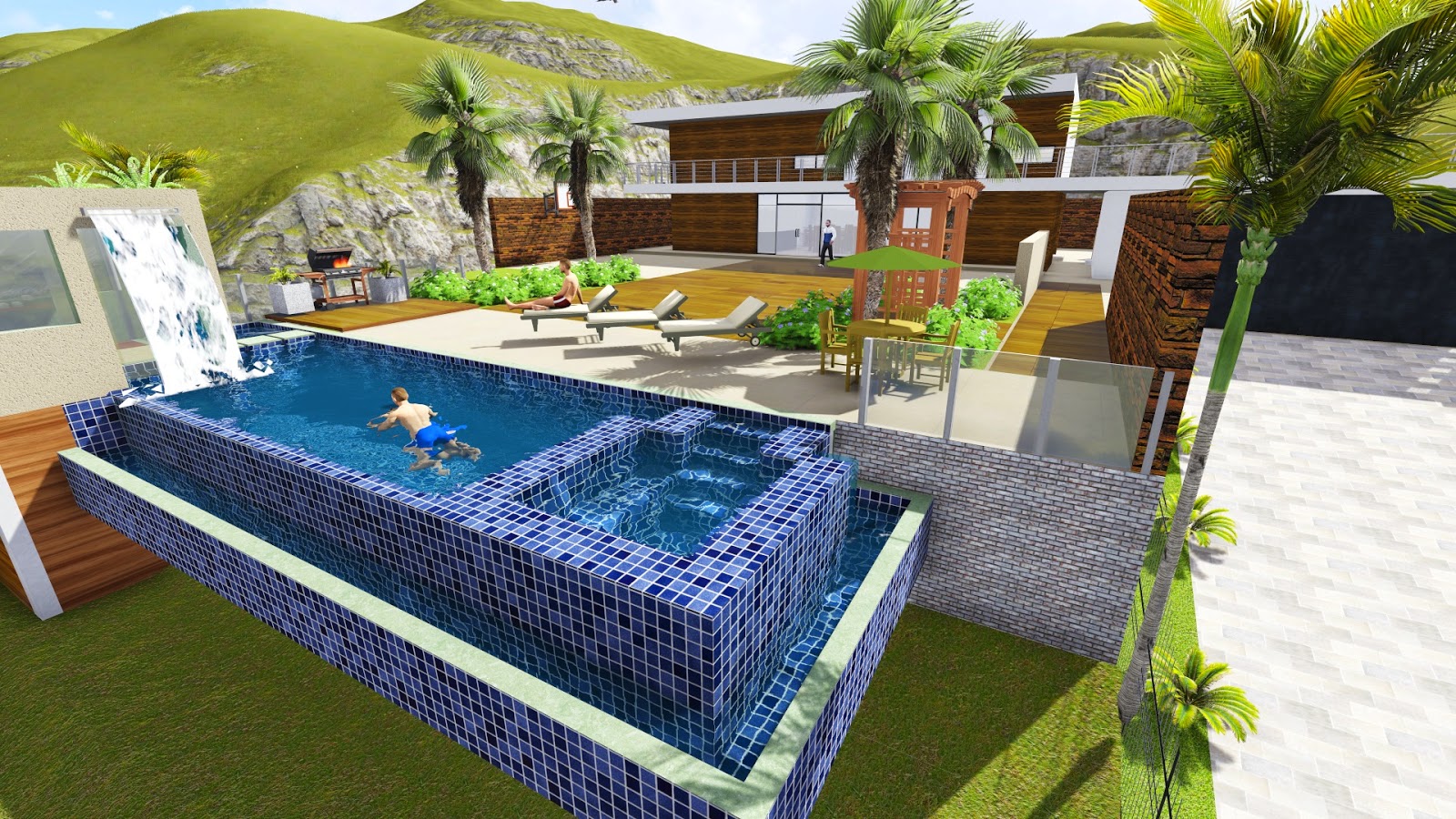 Projetos de Piscinas Raoni: Projeto de piscina em 3D renderizado.