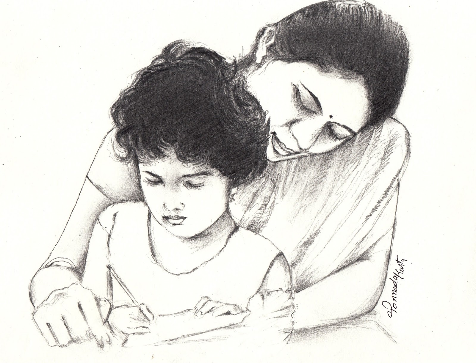 Sketches and Drawings : Mother - the first teacher - pencil drawing