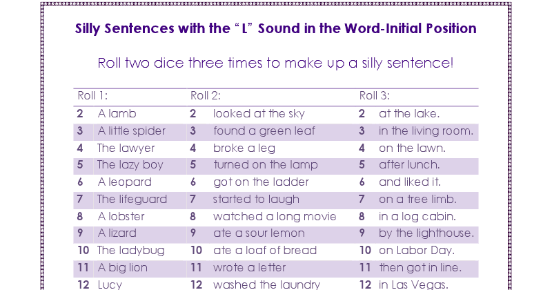 Ms. Lane's SLP Materials: Articulation: Silly Sentences with the "L ...