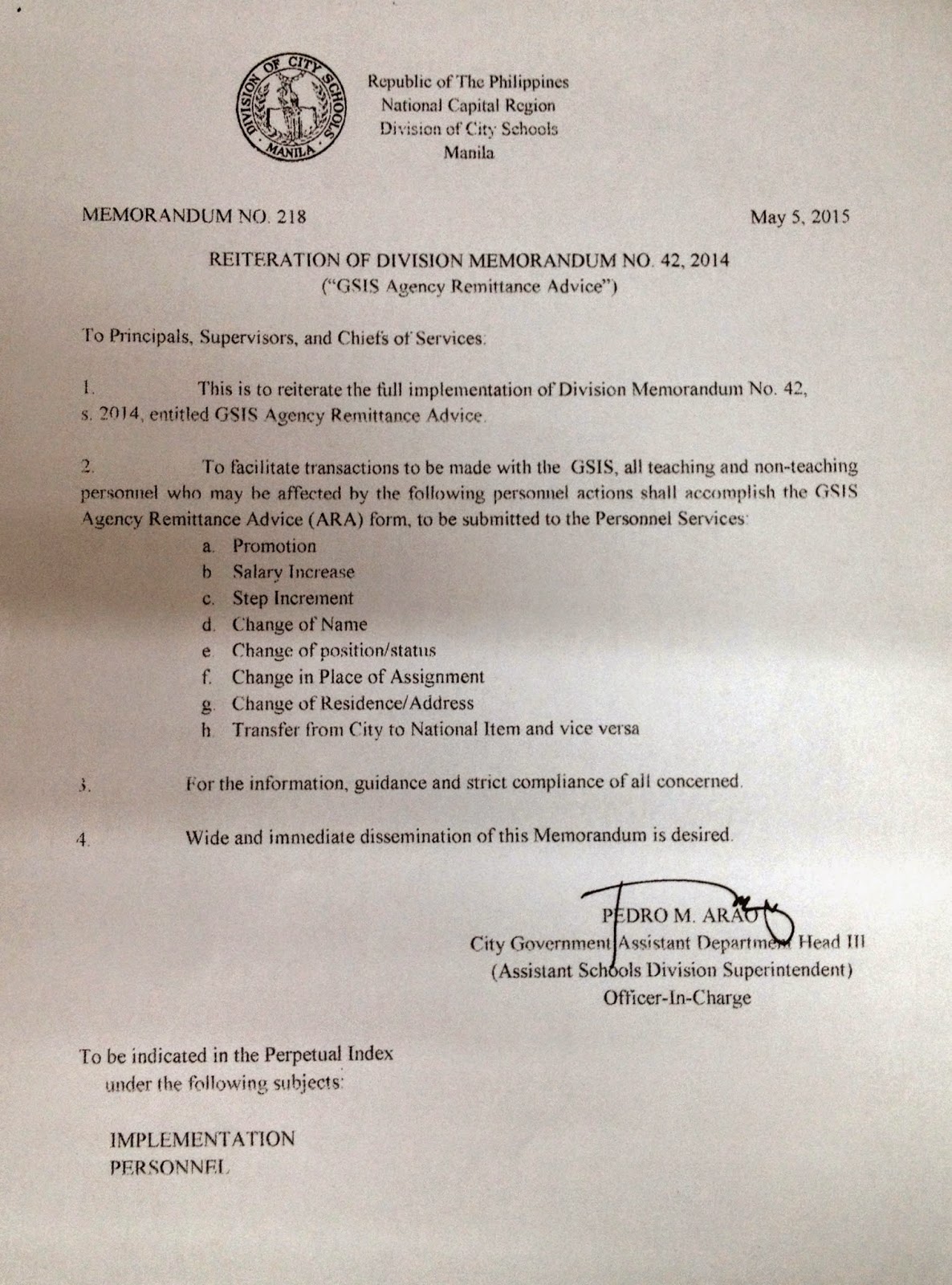 Department of Education Manila: Division Memorandum No. 218 ...