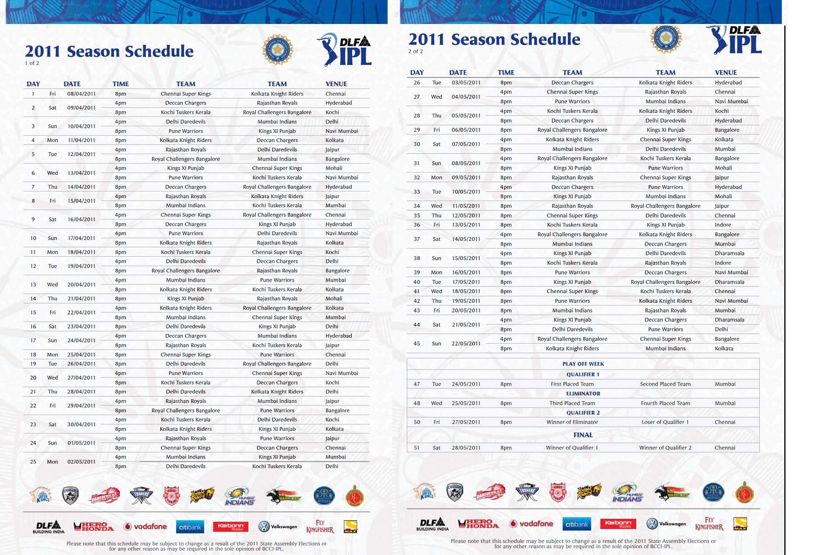 IPL Schedule 2011