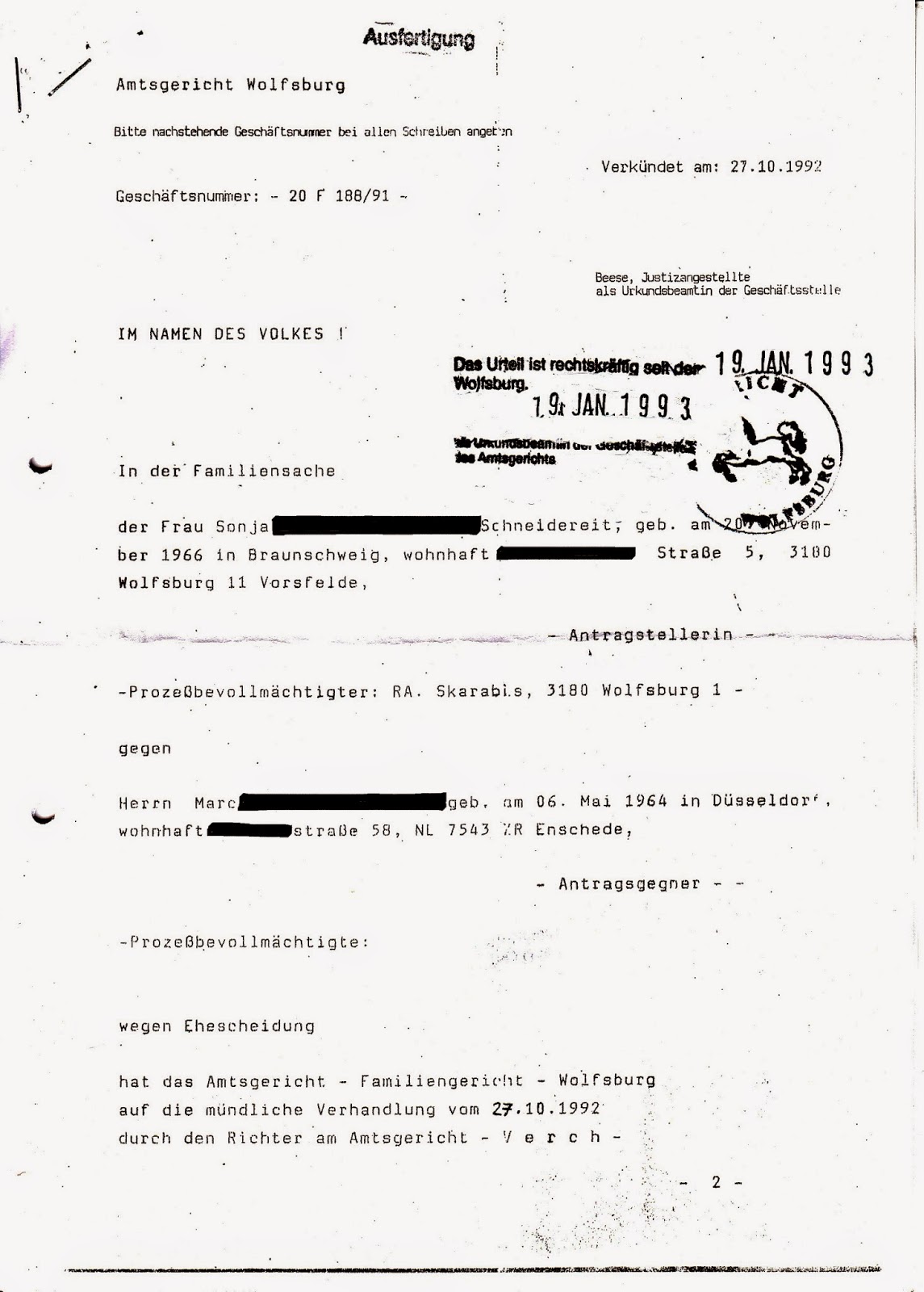 Scheidungsurteil Sonja Wasner Schneidereit Braunschweig 1992 ...