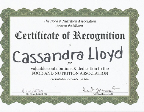 Cassandra Lloyd's Dietetic Portfolio: Accomplishments