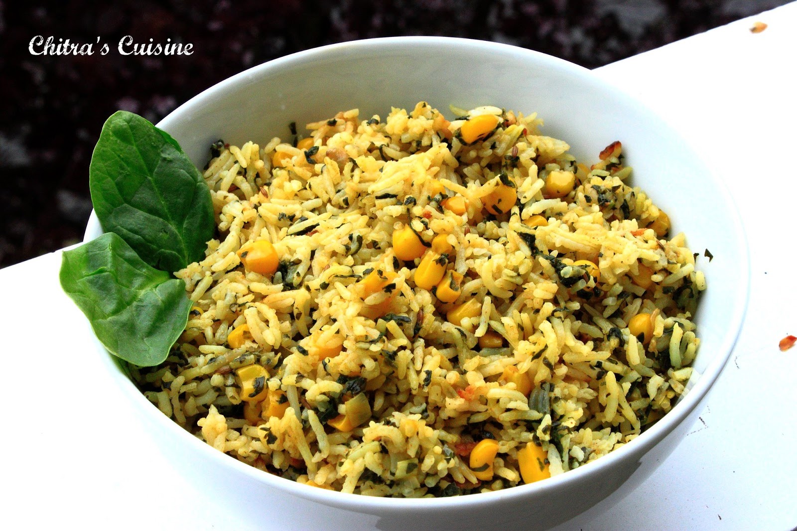 Chitra's Cuisine: Spinach and Corn Pulao/Spinach Rice