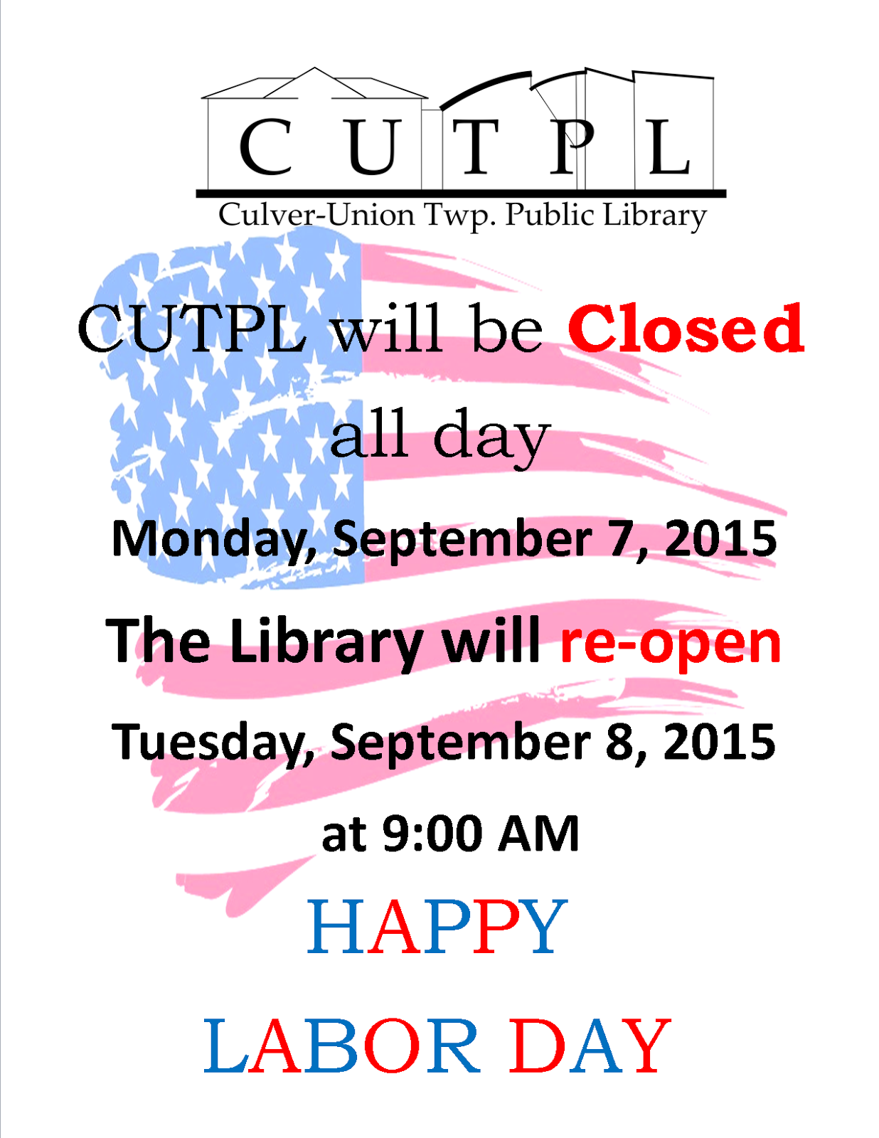Culver Public Library: Upcoming Library Closing