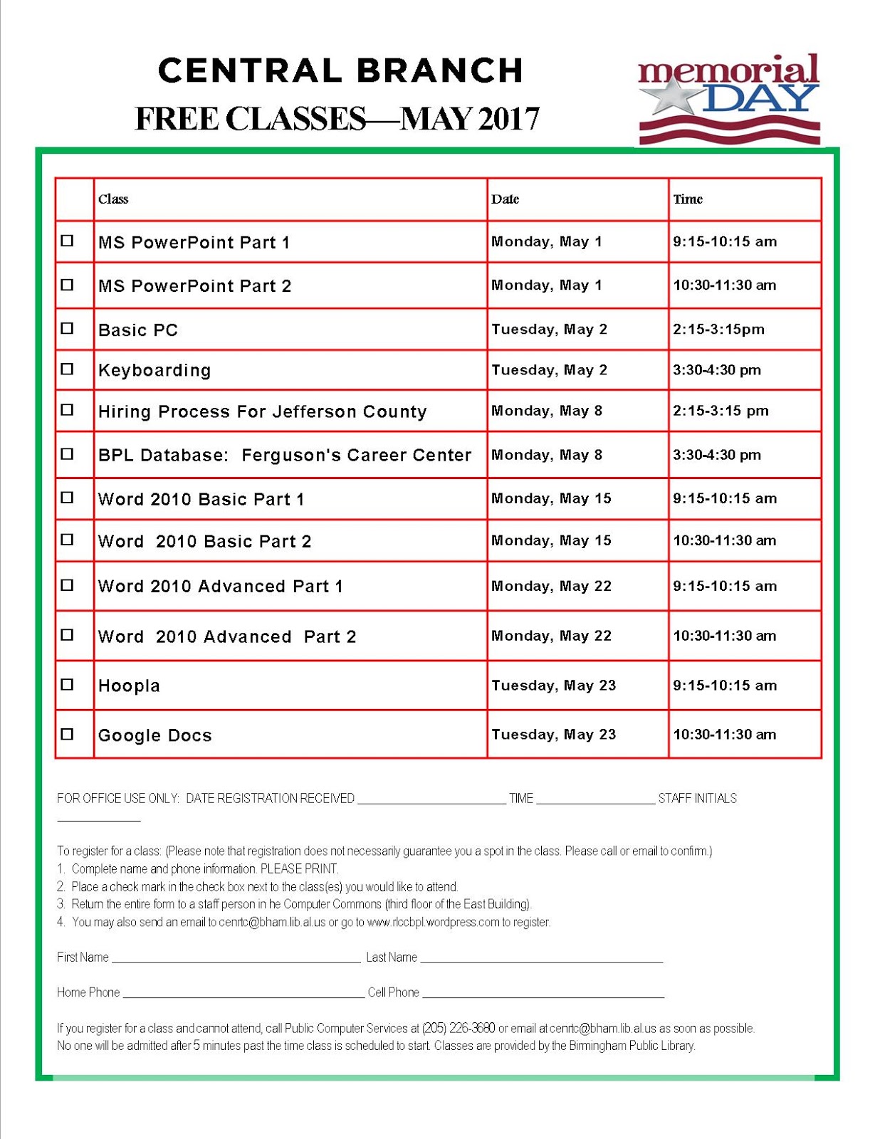 Registration Open For May 2017 Classes