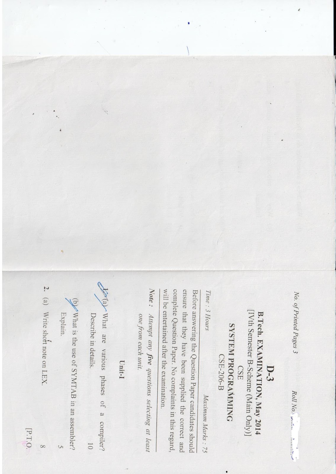 System Programming Question Paper CSE-206-B - B.Tech CSE