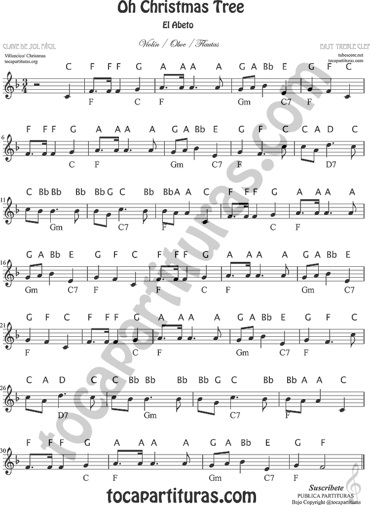 tocapartituras: Christmas Tree Partitura para Flauta, Violín, Saxofón Alto, Trompeta, Viola ...