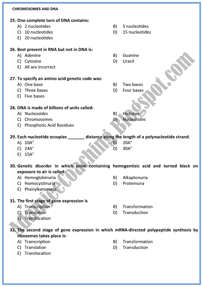 Adamjee Coaching: Biology Mcqs XII - Chromosomes and Dna - Mcqs Adamjee Coaching: Biology Mcqs XII - Chromosomes and Dna - Mcqs
