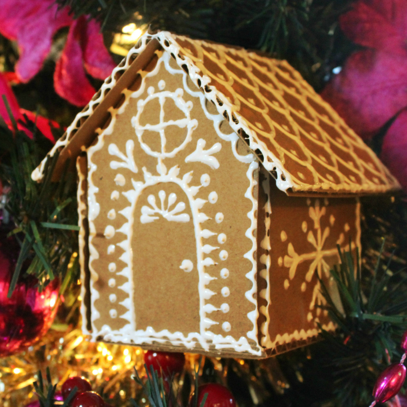 Mark Montano Cardboard Gingerbread House Ornaments mark-montano-cardboard-gingerbread-house-ornaments