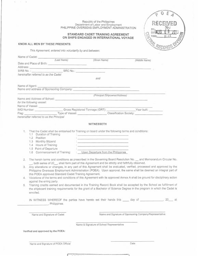 pinoy seafarers' rights: Standard Cadet Training Agreement
