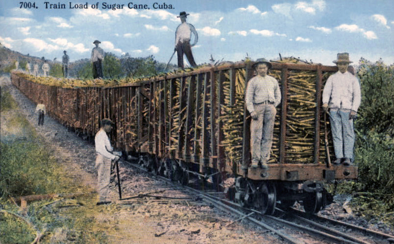 transpress nz: hauling sugar cane by rail, Cuba, 1920s