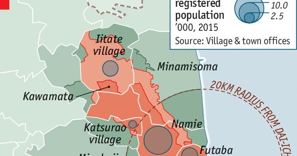 Map of uninhabitable, nuclear-contamination zones, around Fukushima (Japan)