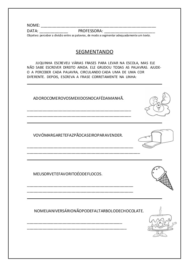 Atividades escolares: Atividades de segmentação de palavras