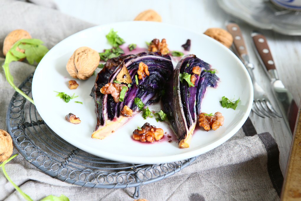 Roasted Red Cabbage Wedges with Walnuts and Bay Leaves