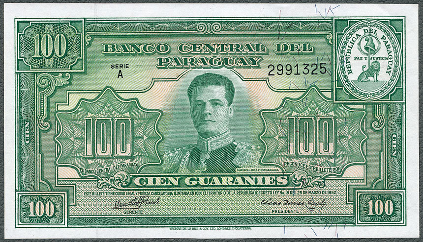 Paraguay banknotes 100 Paraguayan guaraní banknote of 1952.