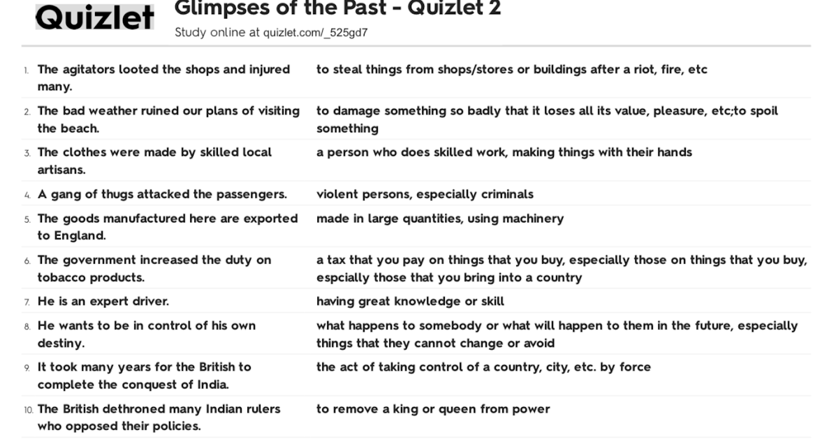 Class VIII Glimpses of the Past - Vocabulary Quiz 2