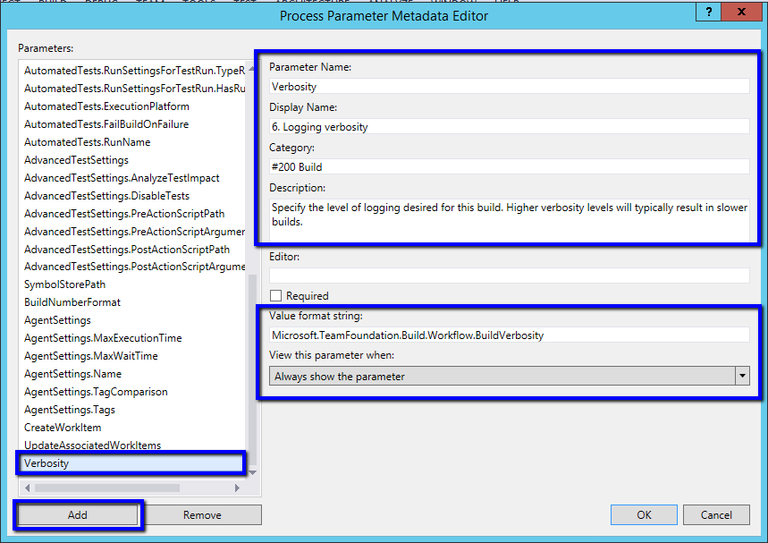 Enabling logging verbosity process parameter in build definition - TFS ...