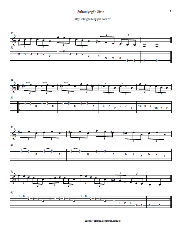 Sultaniyegâh Sirto - Gitar Nota TAB