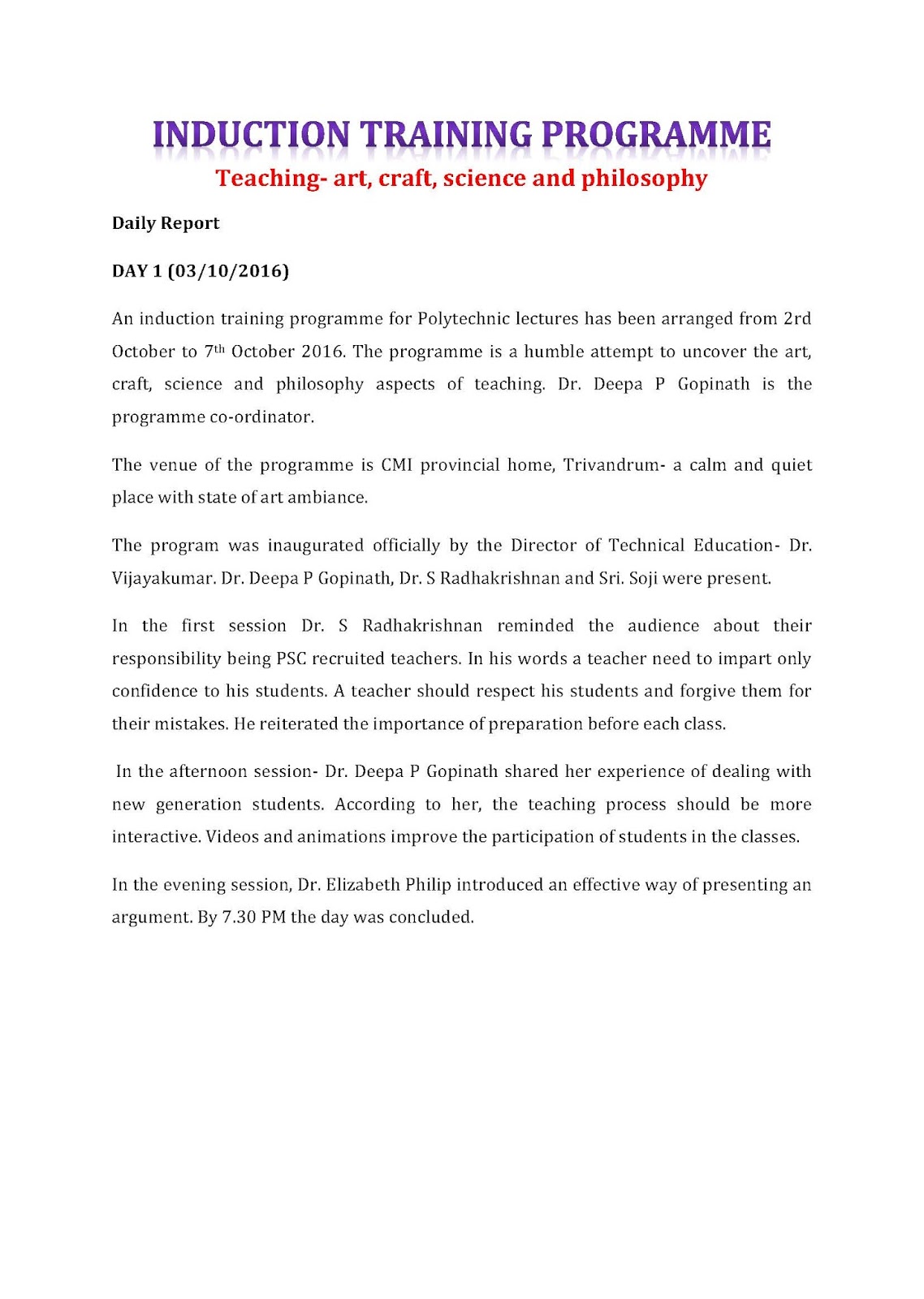 PolyTechNow: INDUCTION TRAINING PROGRAMME Teaching- art, craft, science ...