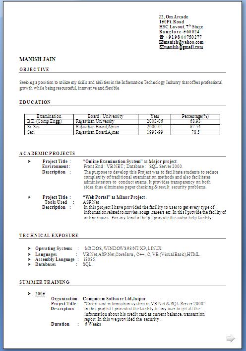resume format for job