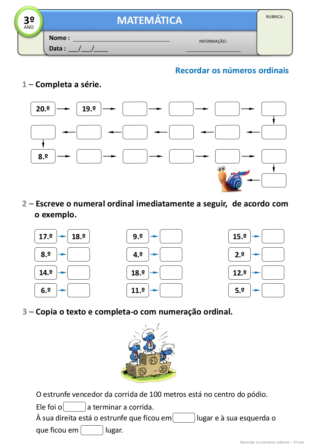NÚMEROS ORDINAIS ATÉ À 100ª. - Atividades de Matemática