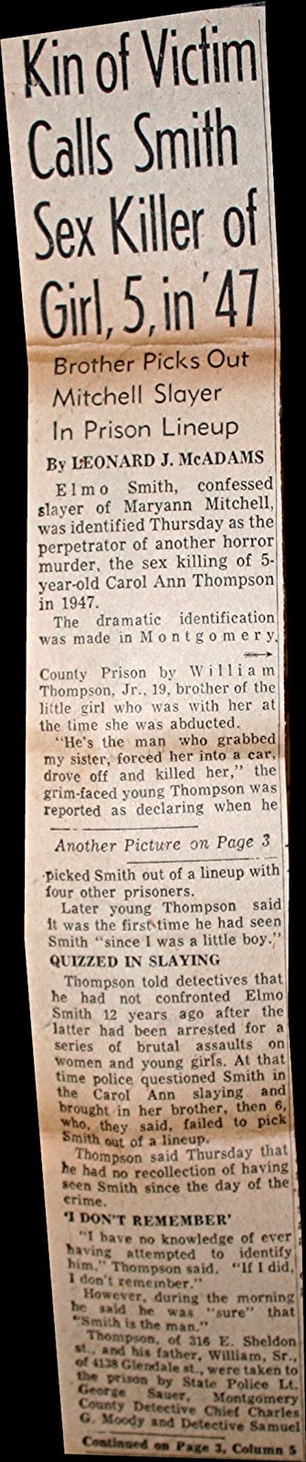 Mary Ann Mitchell Homicide 1959: Carol Ann Thompson