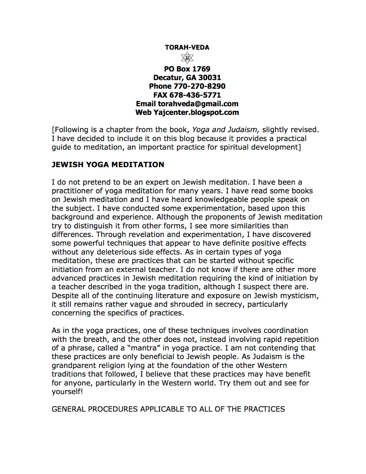 Torah-Veda: Jewish Yoga Meditation