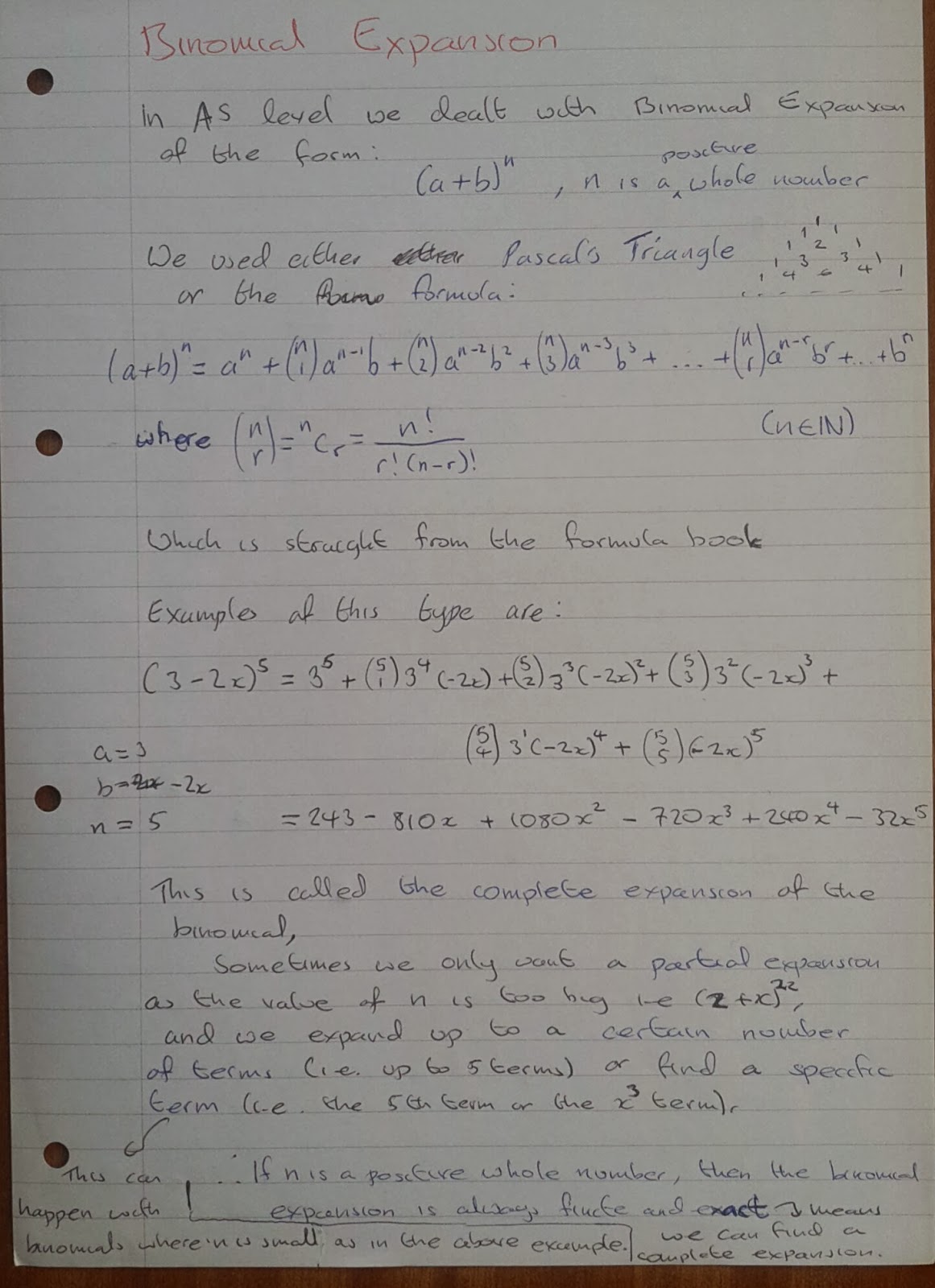 A Level Maths Notes: A2 Binomial Expansion: positive powers Part 1