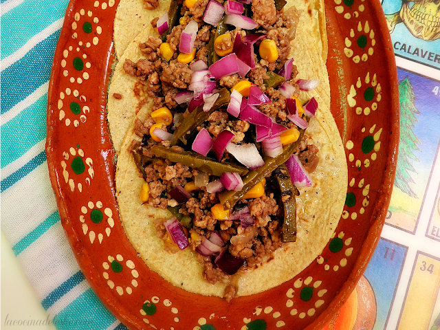 Salsa Verde Ground Beef Tacos w/ Corn and Nopales - La Cocina de Leslie