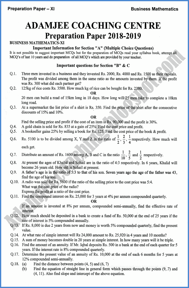 Adamjee Coaching: Business Math 11th - Adamjee Coaching Guess Paper 2019