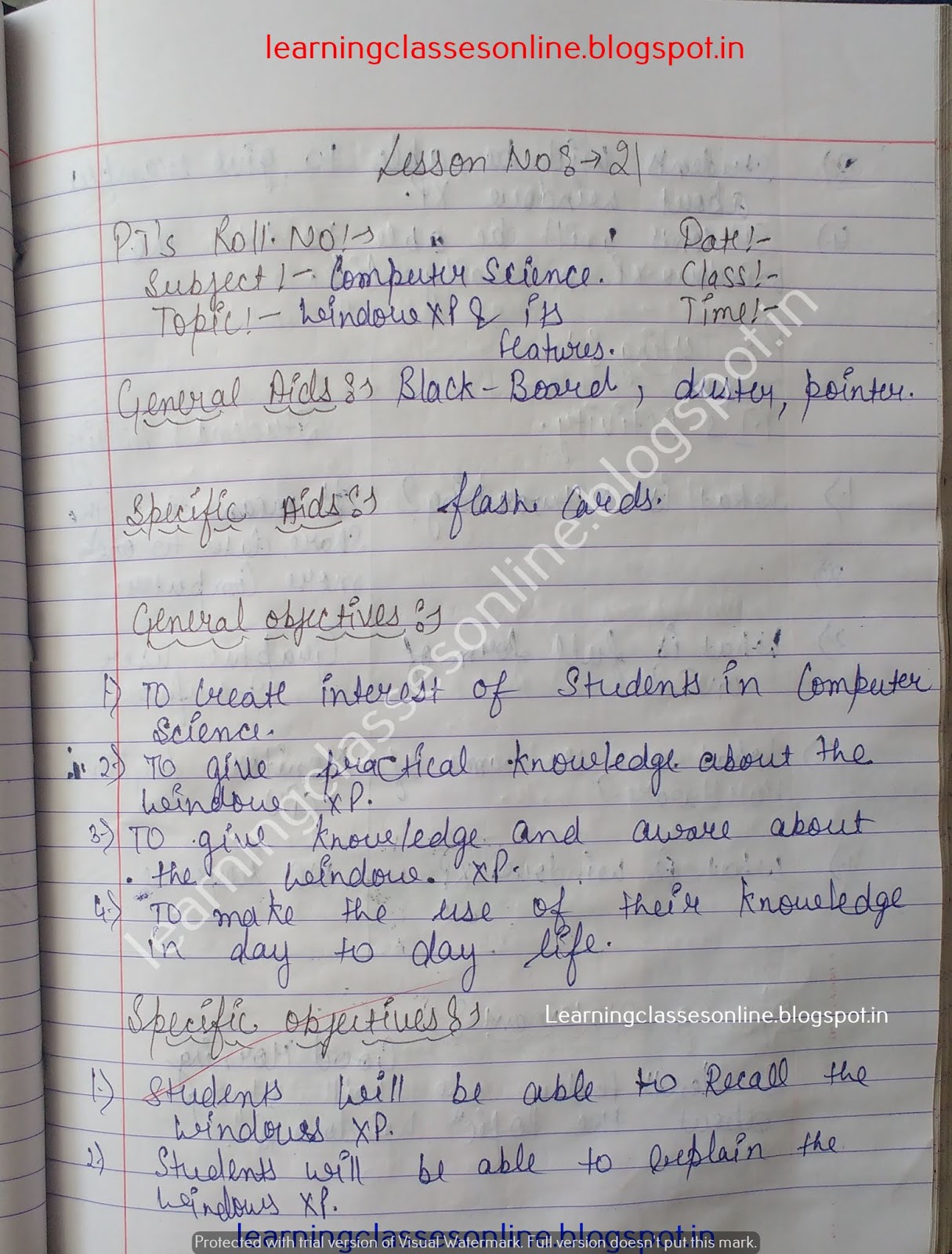 Lesson Plan For Computer Science For B Ed on window XP and Its features