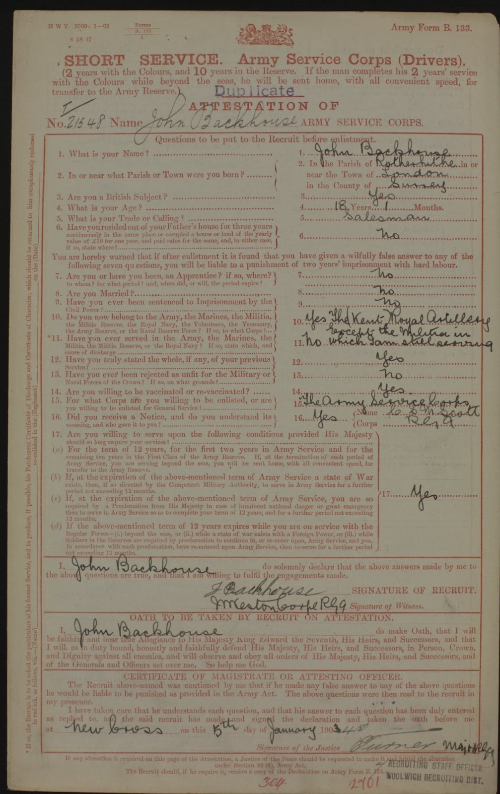 Army Forms & Attestations: Army Form B.133 - drivers