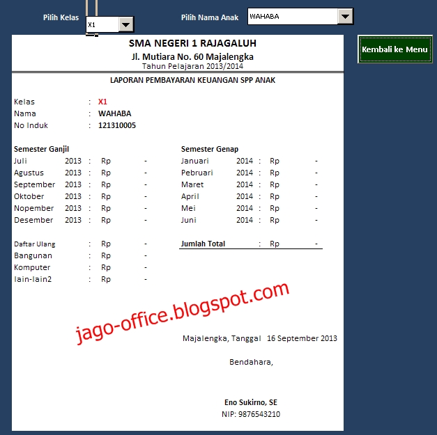 Model Aplikasi Pembayaran SPP Versi Excel Gratis - Rumus Formula Excel