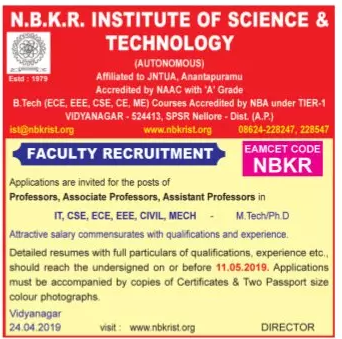 N.B.K.R Institute of Science and Technology, Nellore, Wanted Teaching ...