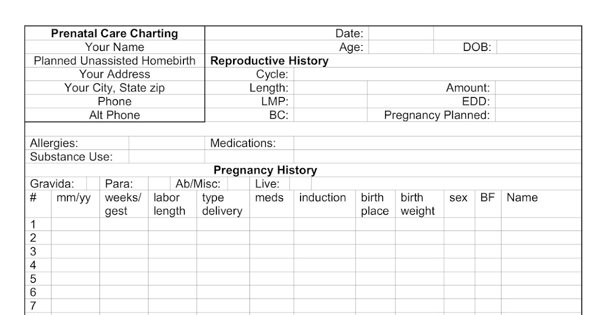 Our Birth Journeys: Prenatal Care Chart - Blank